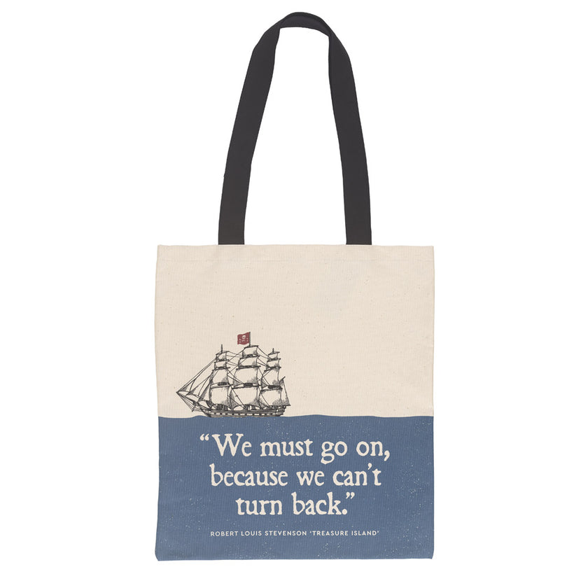 Pirates Tote Bag with Treasure Island Quote and Pirate Ship Illustrati ...