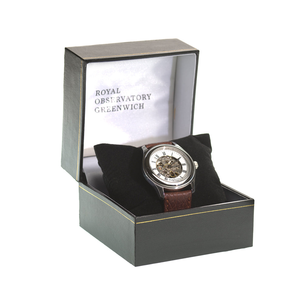 Royal Observatory Greenwich Chrome Circular Skeleton Watch with Brown ...