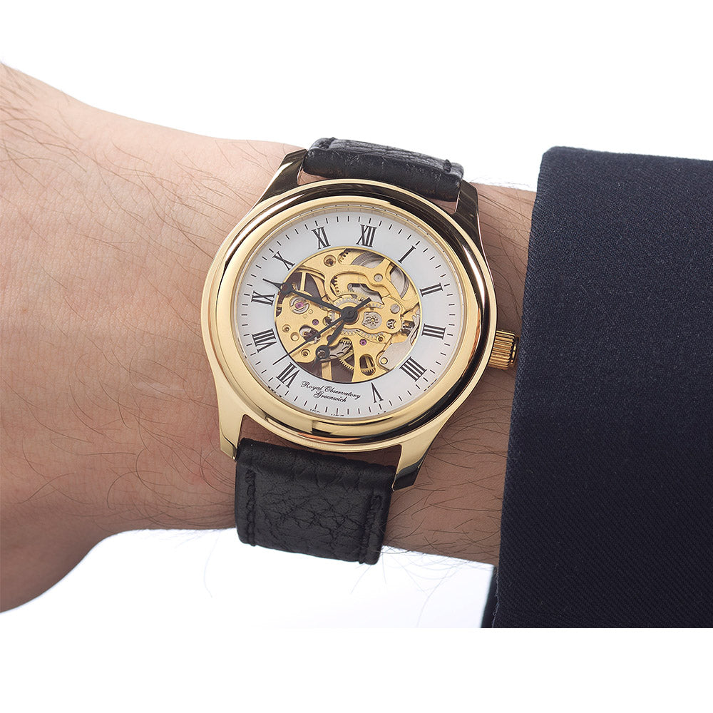 Royal Observatory Greenwich Gold Circular Skeleton Watch with Black ...
